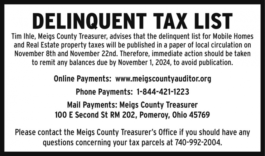 Delinquent Tax List, The Meigs County Treasurer's Office